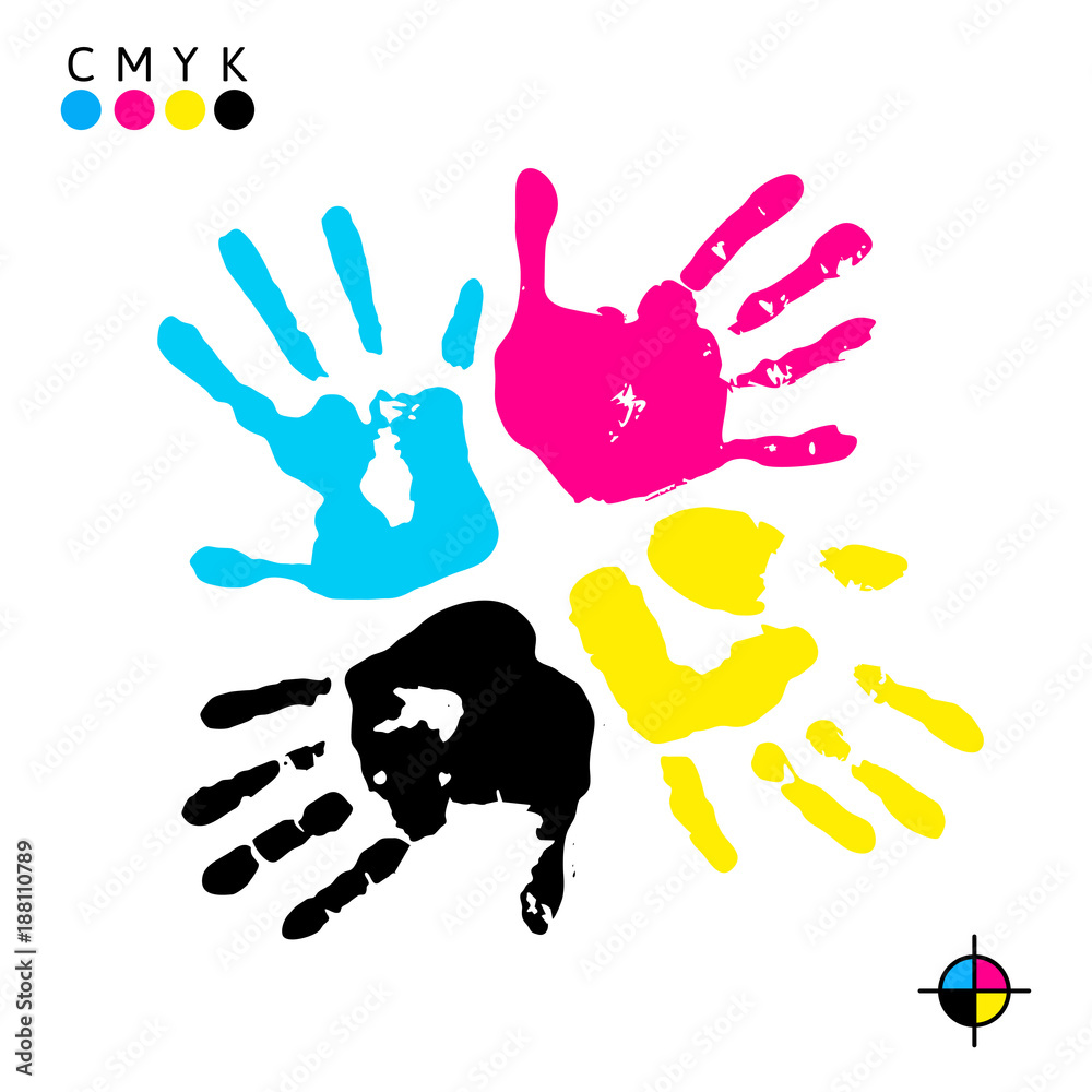 Hand print. Four color ink for printing. Hand prints of different ...