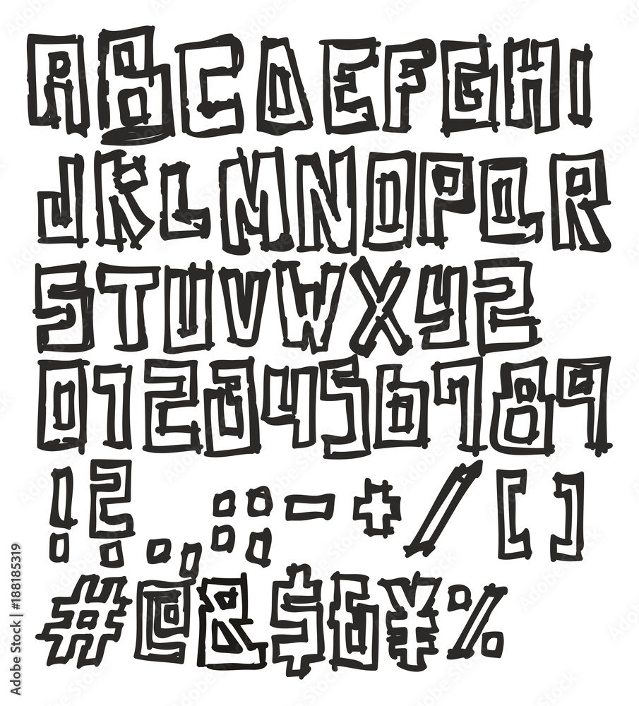 Thin Pen Doodle Block Bold Vector Font with Uppercase Letters, Numbers ...