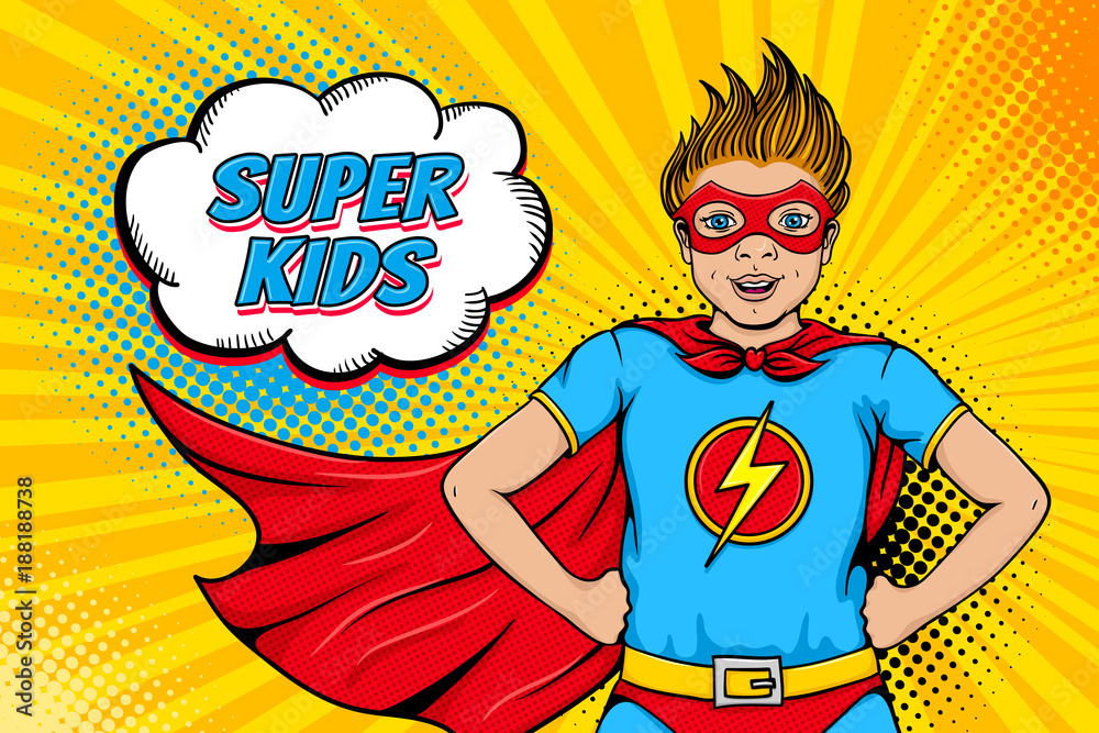 Wow face. Cute surprised little boy dressed like superhero with open ...