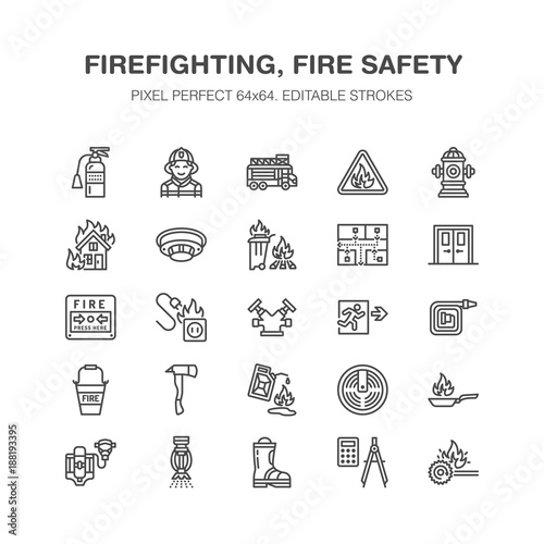 Firefighting, fire safety equipment flat line icons. Firefighter car ...