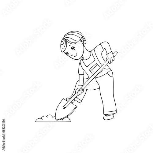 vetor flat cartoon teen boy in worksuit digging the hole by shovel to ...