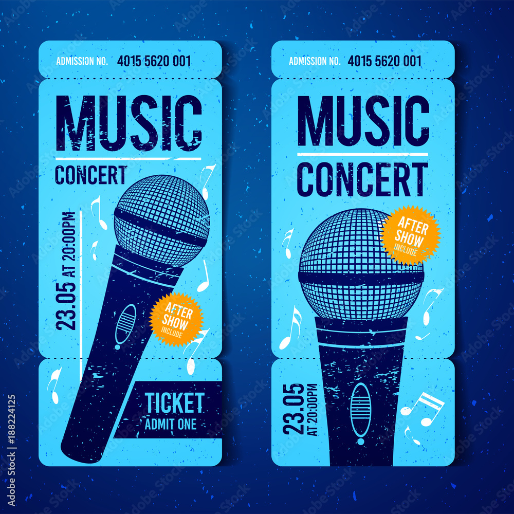 Vector Illustration Blue Music Concert Ticket Template with Microphone ...