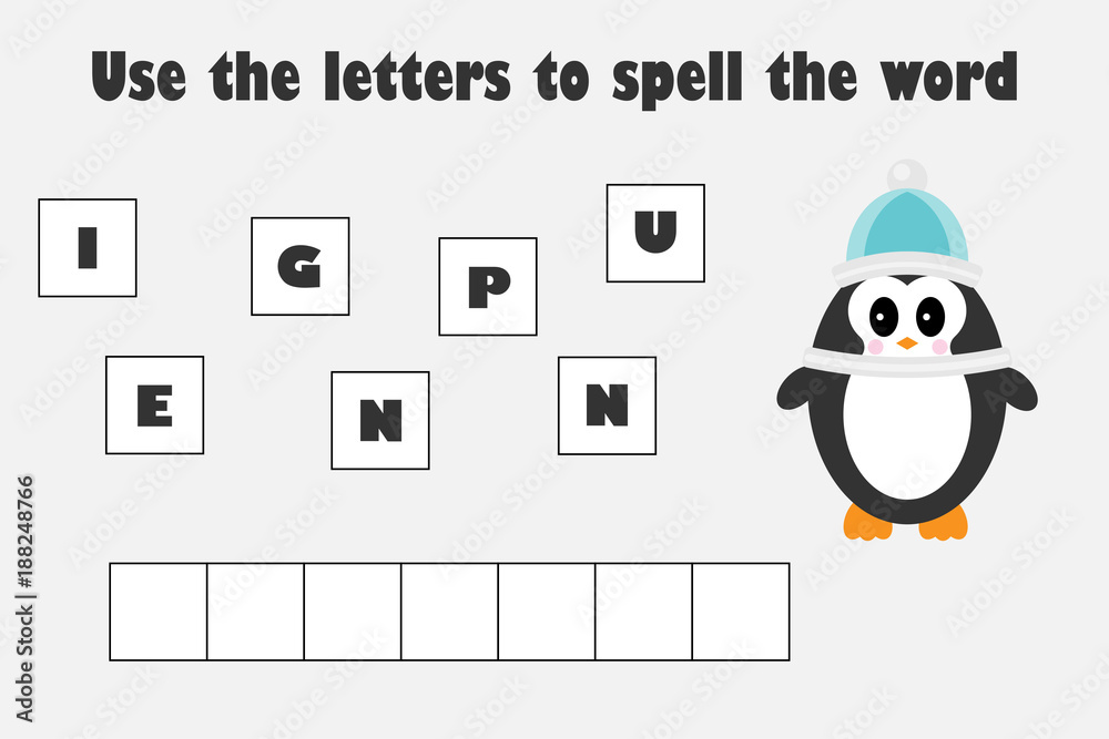 Use the letters to spell the word, penguin in cartoon style ...