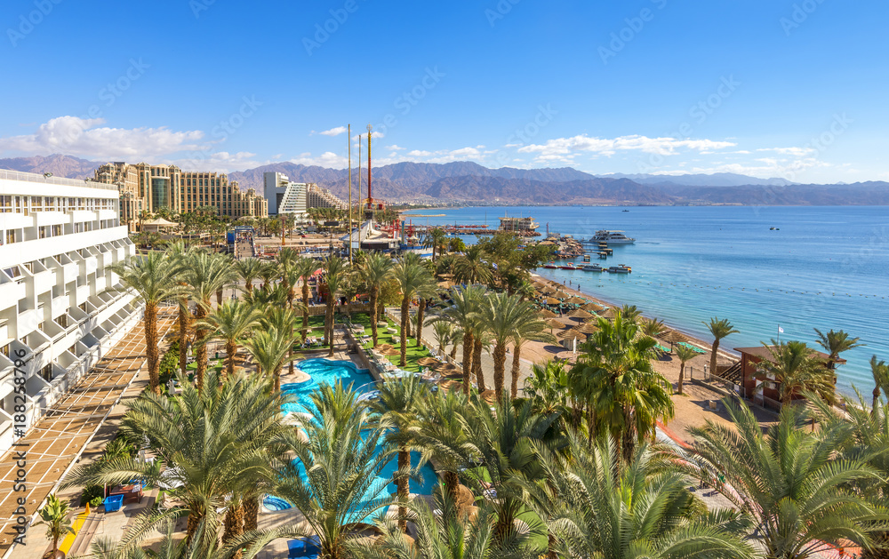 Aerial view on the Red Sea and central public beach in Eilat - famous ...