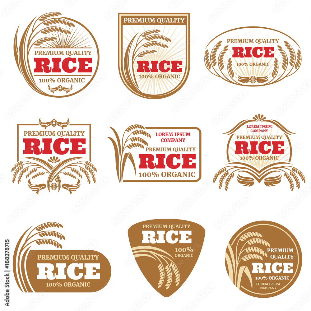 Paddy rice vector labels. Organic natural product emblems Stock Vector ...