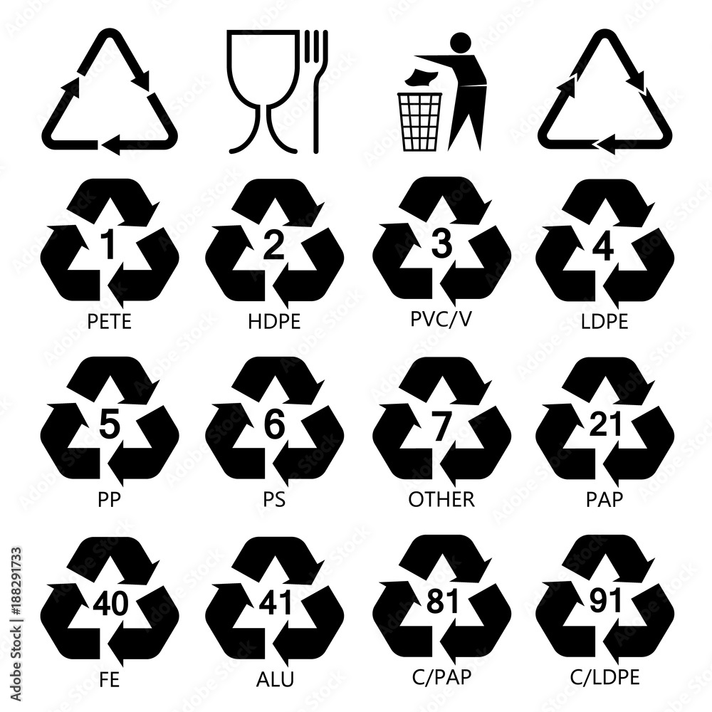 Vector de Stock Packaging symbols set, resin icons, plastic wrapping ...