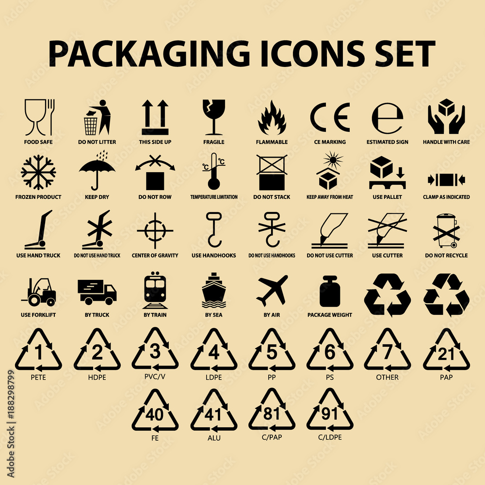 set of packaging icons, packing cargo labels, delivery service symbols for boxes, shipping ...