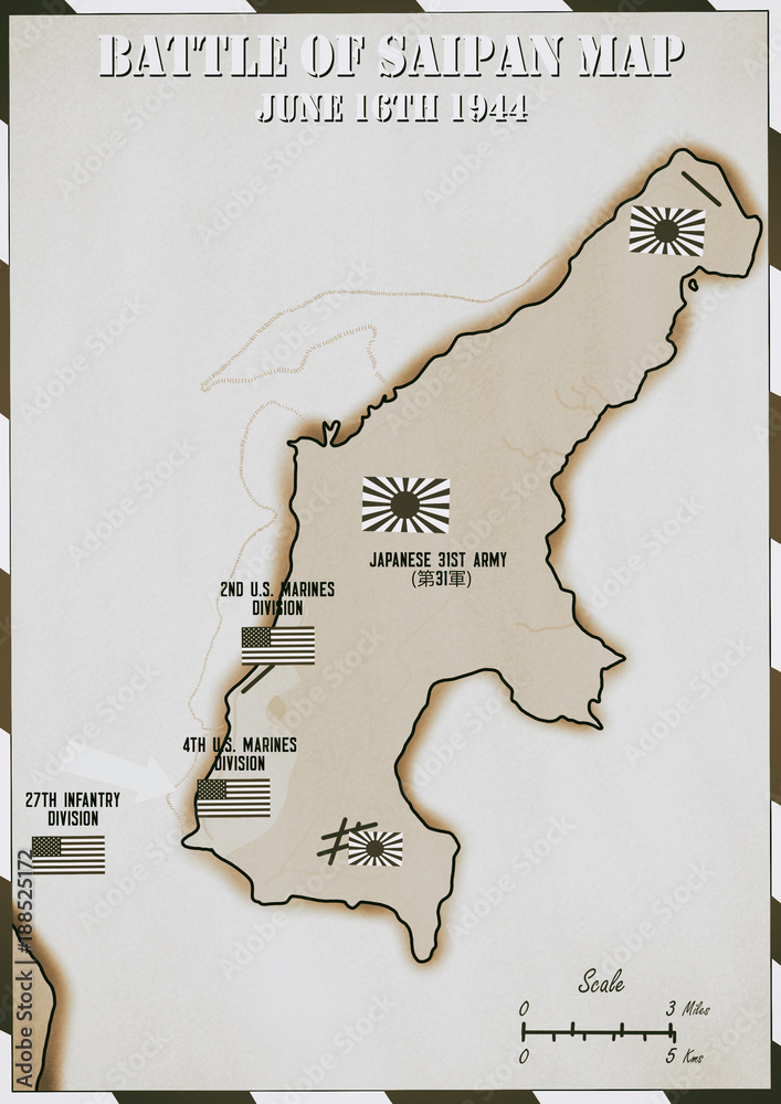 Original hand drawn map. U.S. invasion of Japanese occupied Saipan in ...