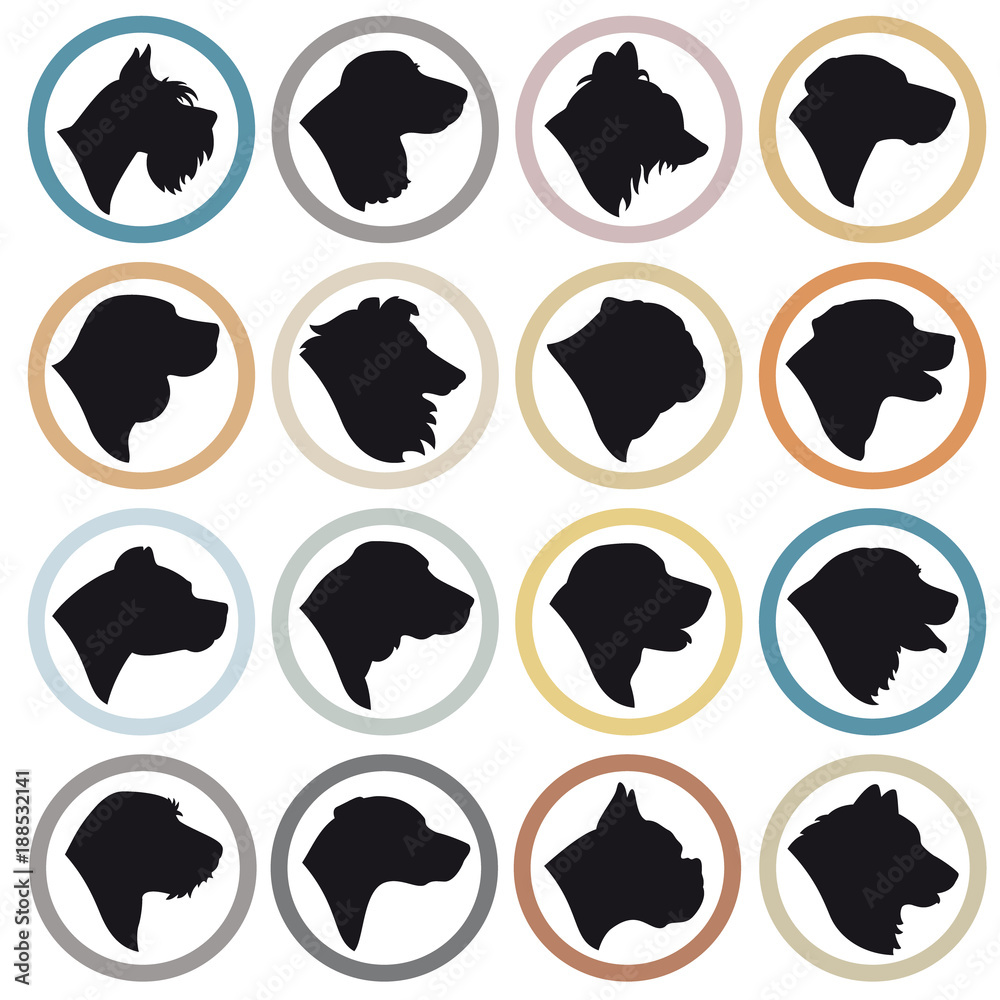 Dog breed profile silhouettes vector circle icons 素材庫向量圖 | Adobe Stock
