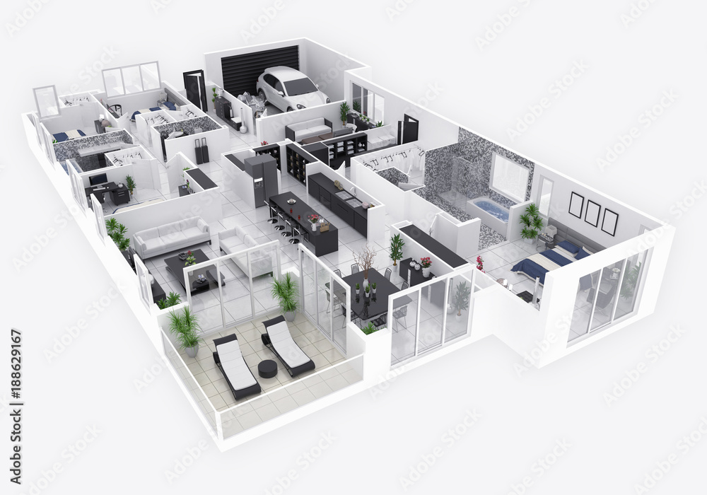 Floor plan of a house top view 3D illustration. Open concept living ...