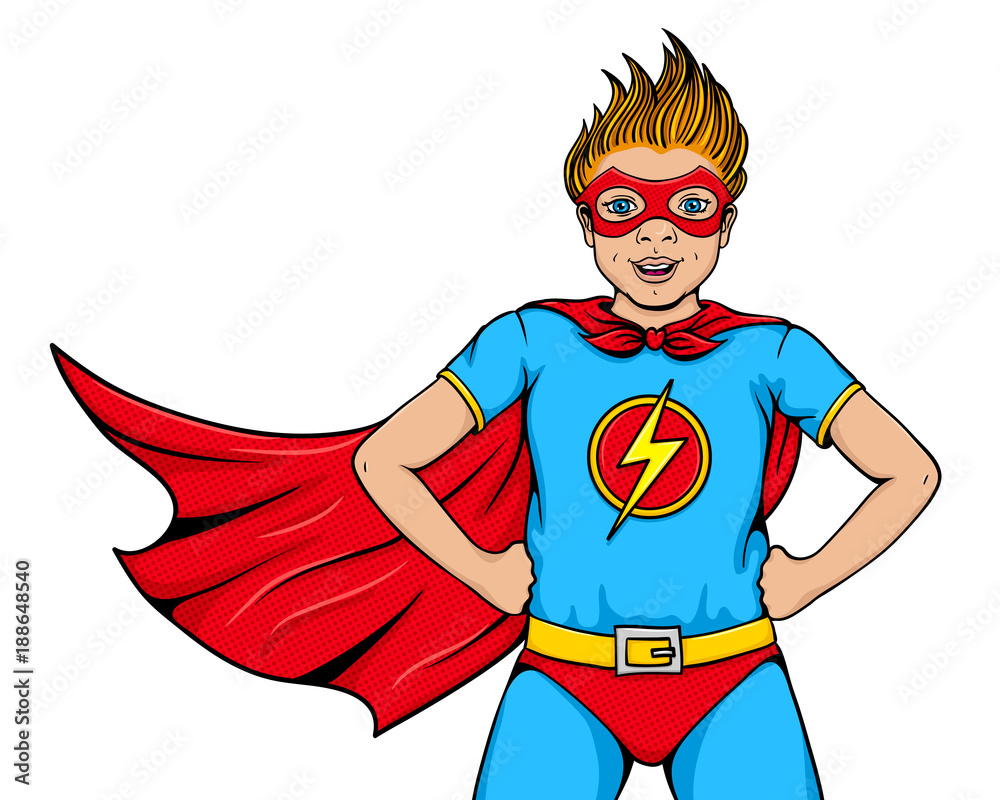 Wow face. Cute surprised little boy dressed like superhero with open ...