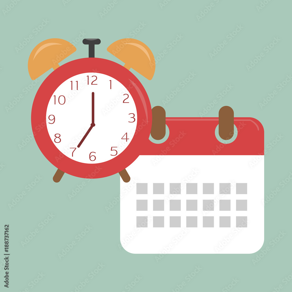 Paper spiral wall calendar and clocks. Calendar clocks flat icon ...