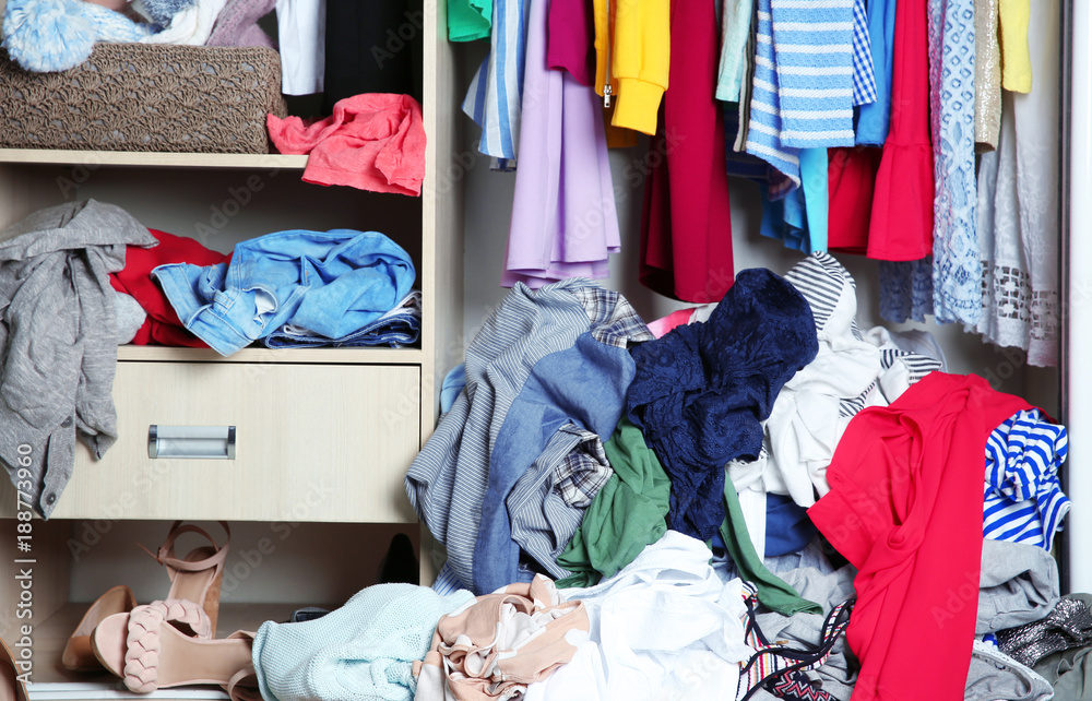 Wardrobe with messy clothes, closeup 素材庫相片 | Adobe Stock