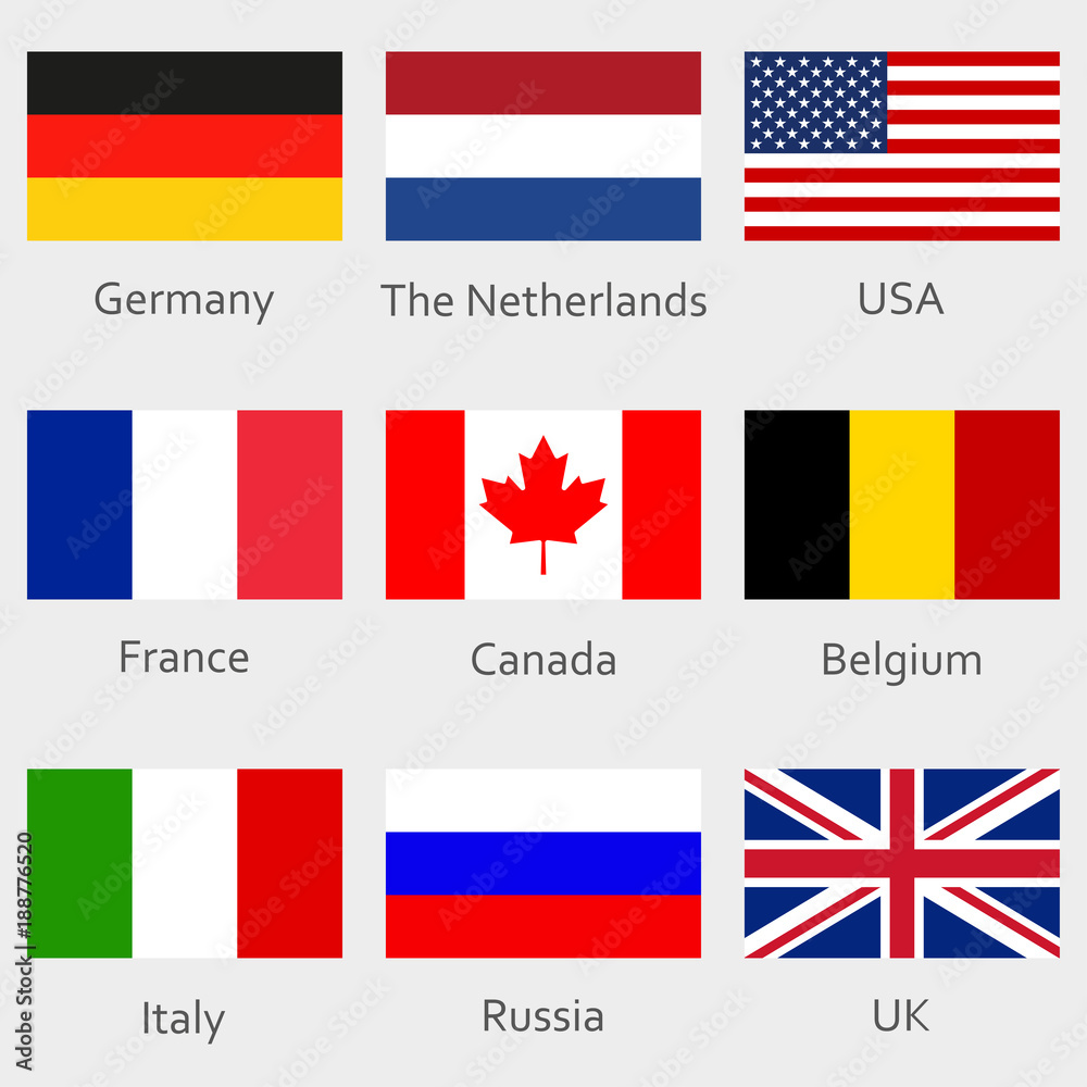 Flags icon set. Round National symbol of USA, UK, Holland, the ...