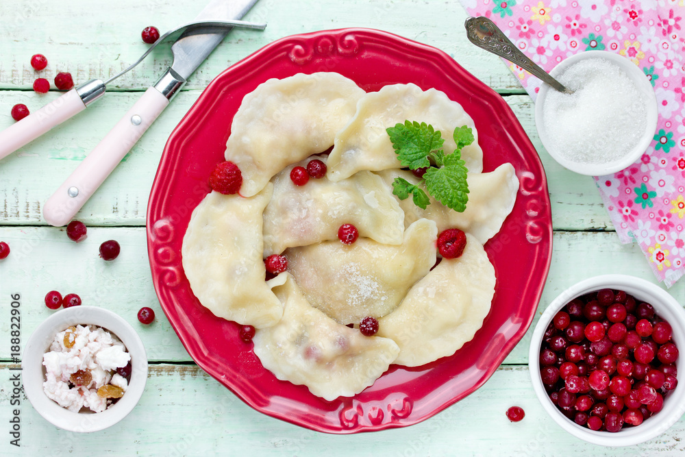 Homemade traditional Russian Ukrainian dumplings vareniki with ...