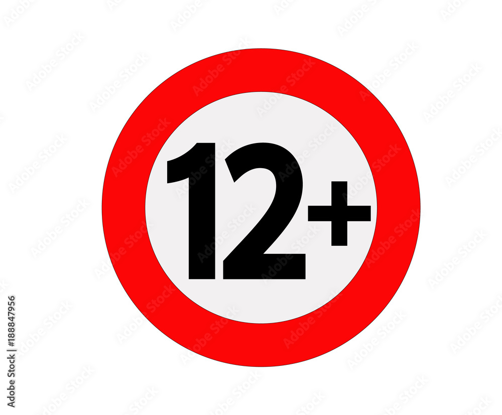 Age limit sign or icon in red. Vector signal, only older than 12 years ...