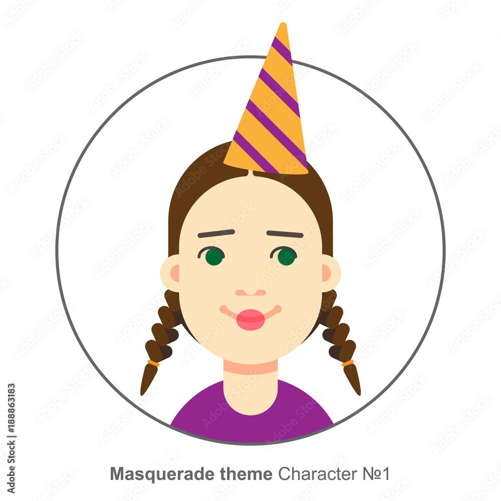 Character for birthday party theme. Colored avatar. Flat cartoon style ...