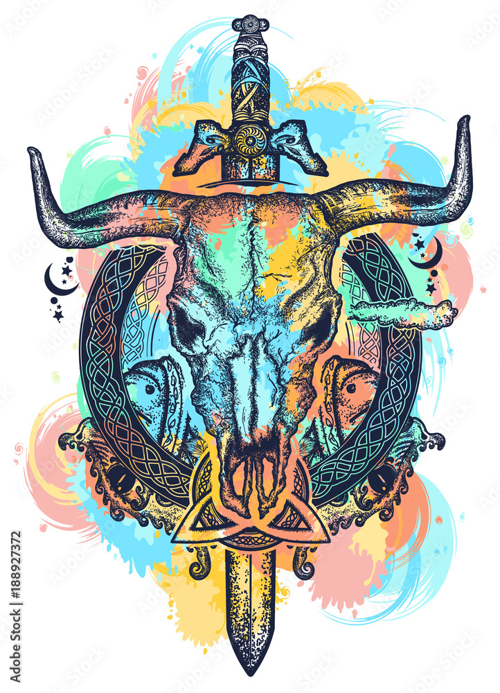 Skull bull and ancient sword tattoo water color splashes. Symbol of ...