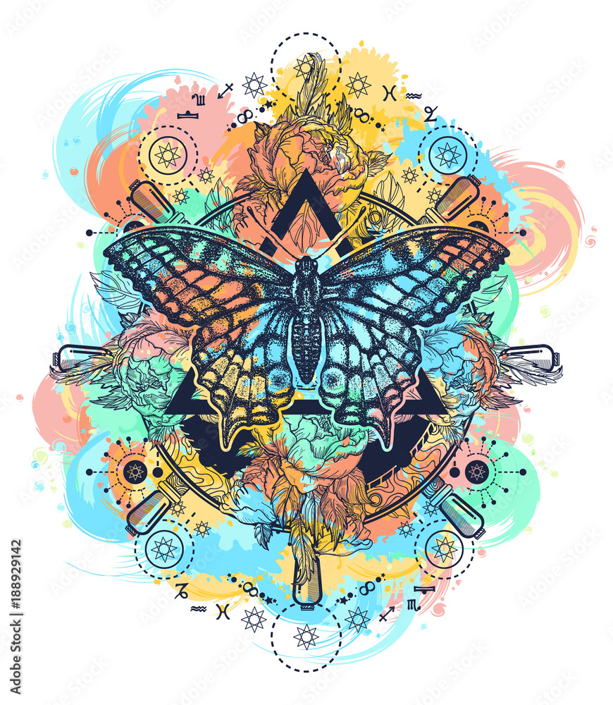 Magic butterfly tattoo art water color splashes. Freemason and ...
