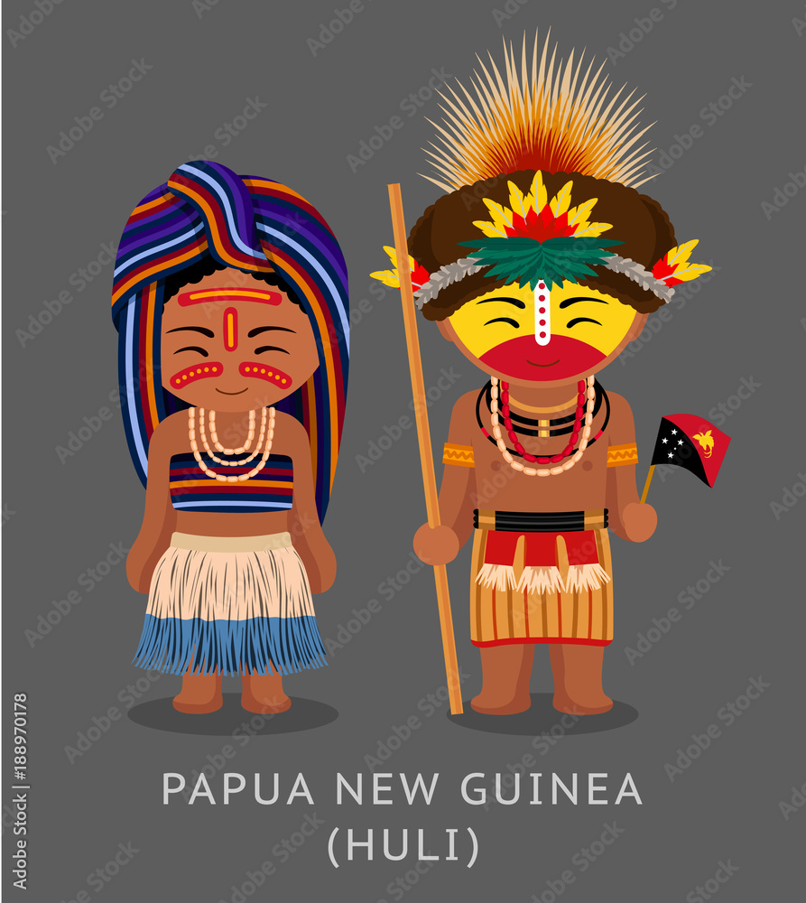 Papua New Guinea. Huli tribe. People in national dress with a flag. Man ...