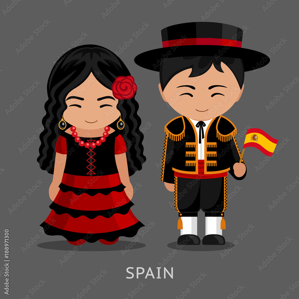 Spaniards in national dress with a flag. Man and woman in traditional ...