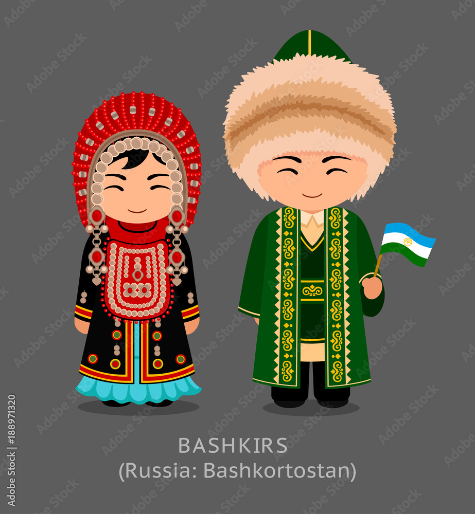 Image vectorielle Stock Bashkirs in national dress with a flag. Man and ...