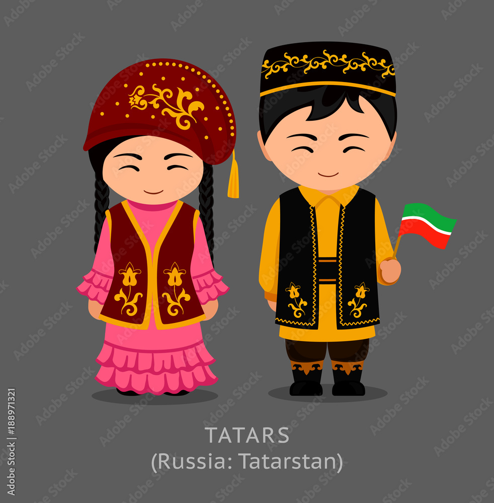Tatars in national dress with a flag. Man and woman in traditional ...