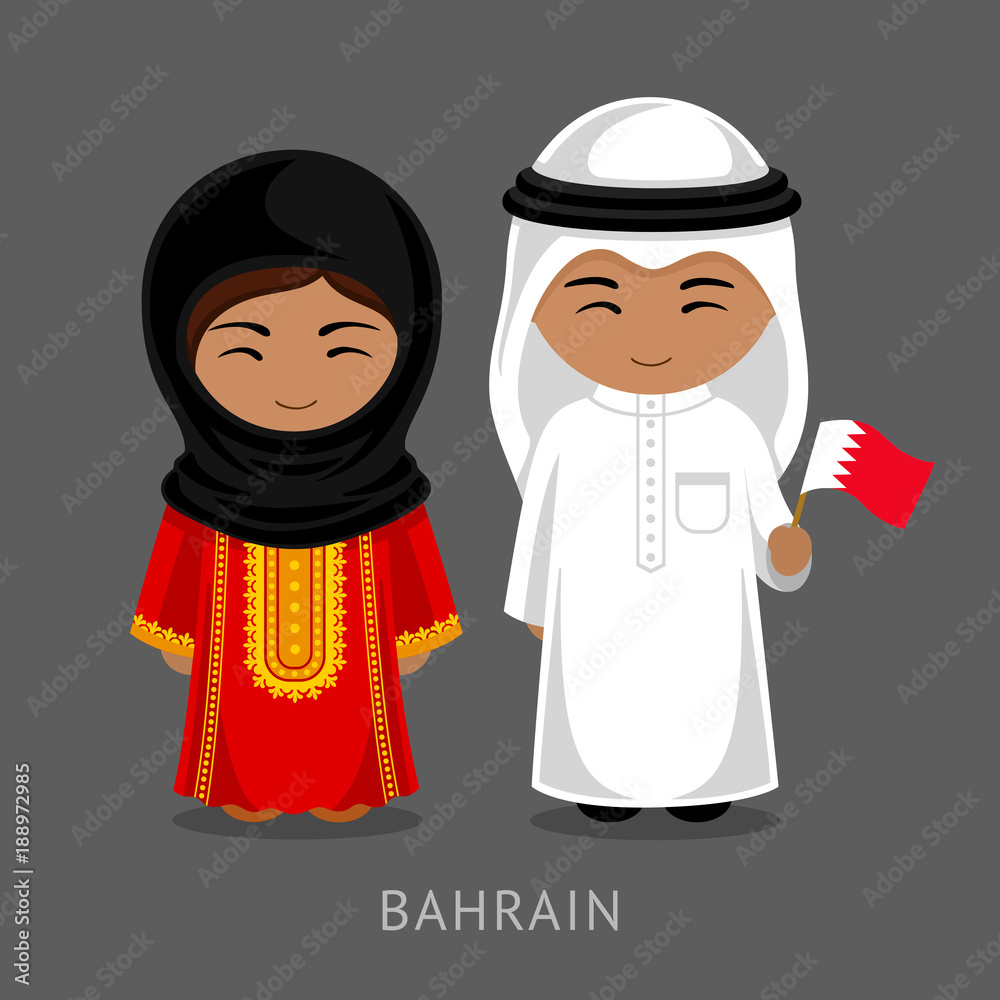 Bahrainis in national dress with a flag. Man and woman in traditional ...
