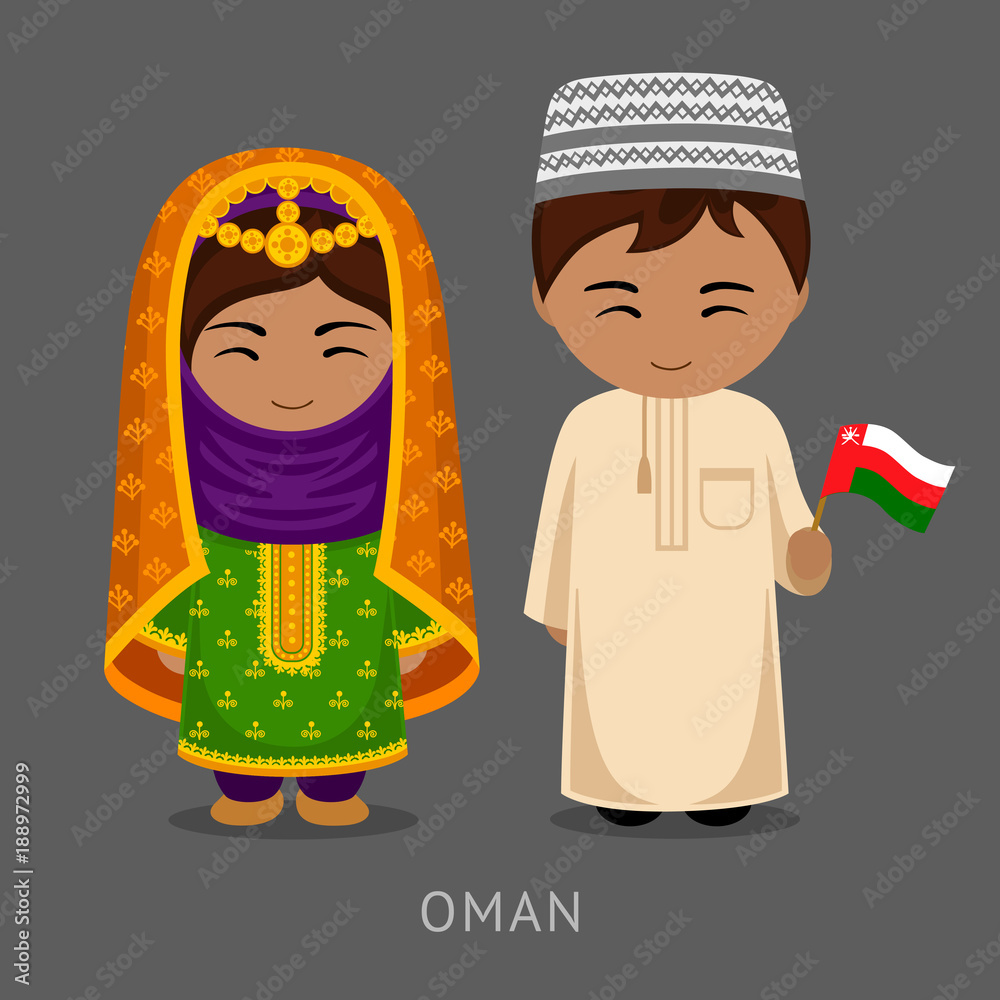 Omani in national dress with a flag. Man and woman in traditional ...
