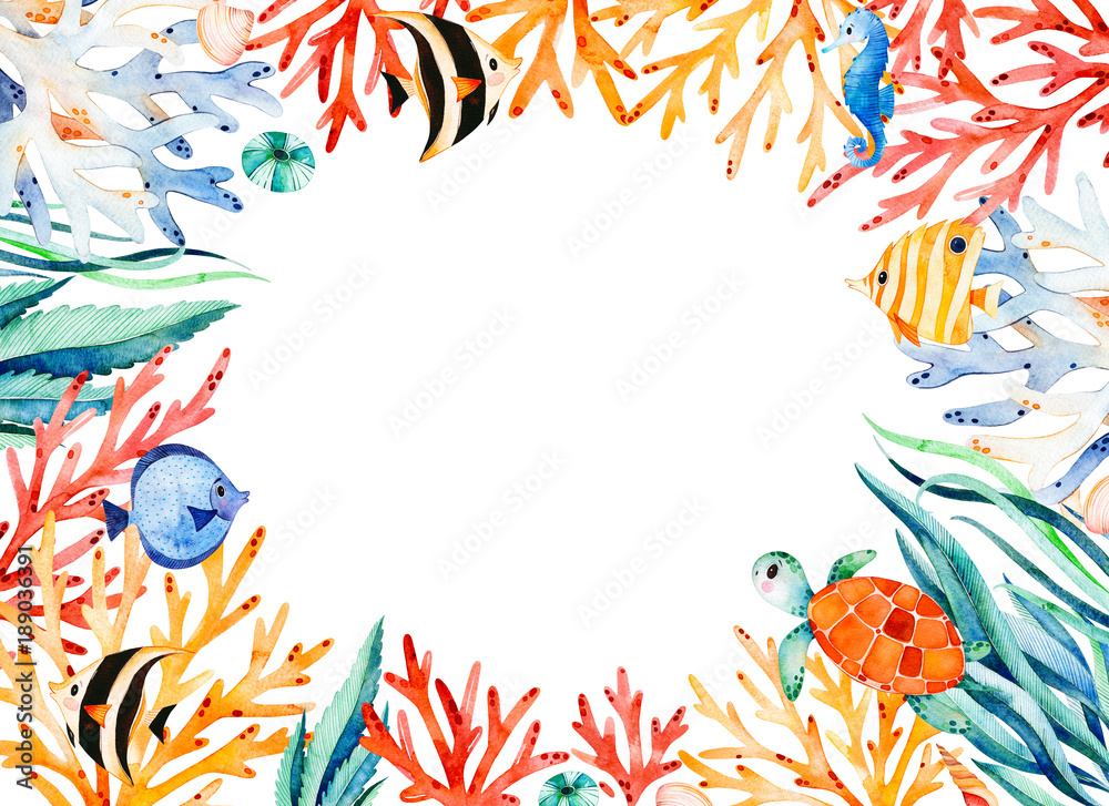 Stock-Illustration „Oceanic watercolor frame border with cute turtle ...