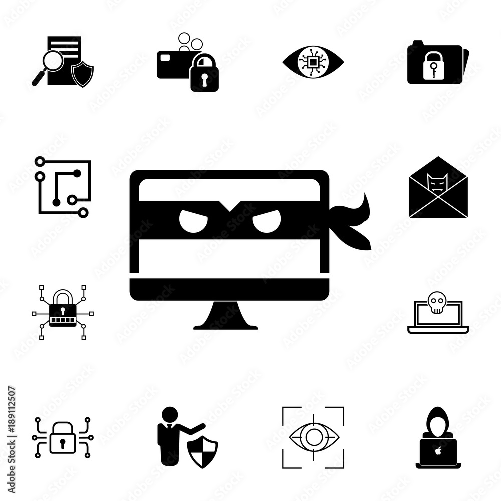 Hacker Icon. Ninja in monitor icon. Set of cybersecurity icons. Signs ...