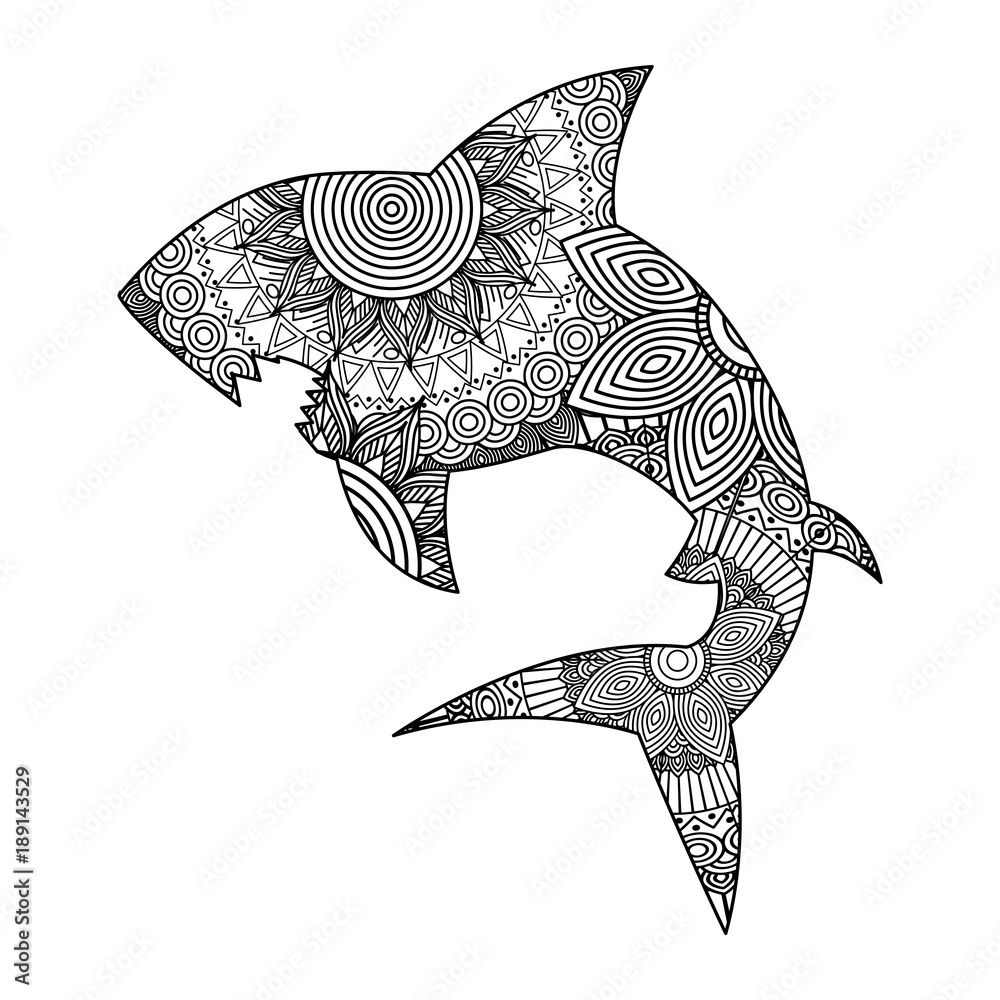 hand drawn for adult coloring pages with shark zentangle monochrome ...