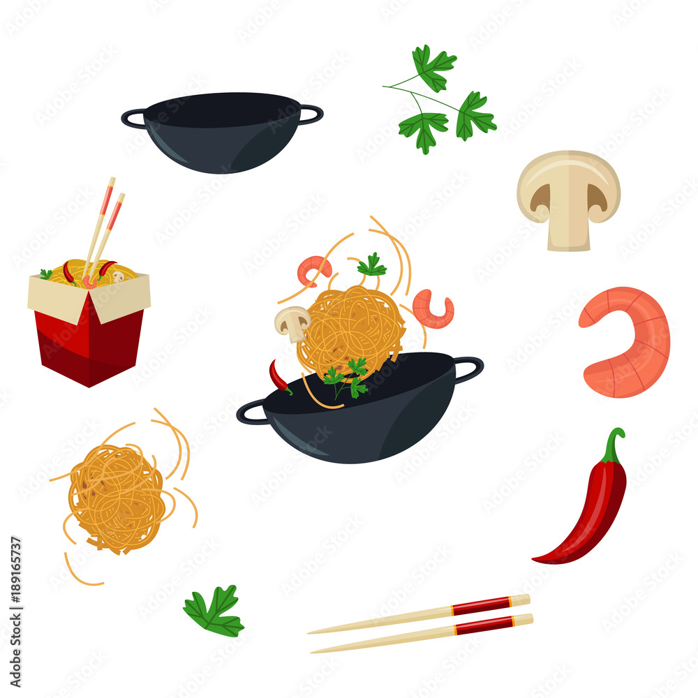 vector flat asian wok symbols set. Udon noodles in paper box, large ...