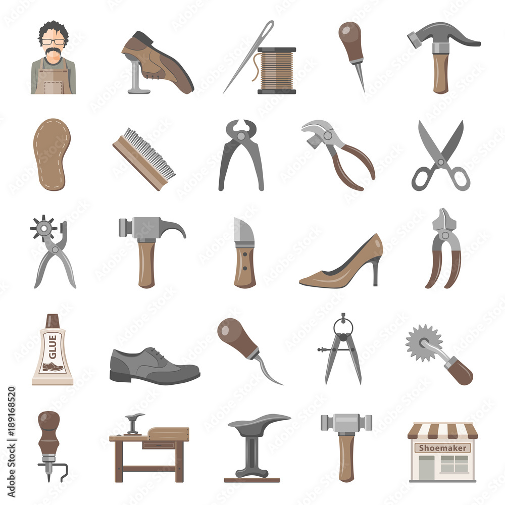 Shoemaker tools and equipment icon set Stock Vector | Adobe Stock