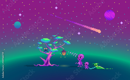 Pixel art aliens and magic tree. Stock Vector | Adobe Stock