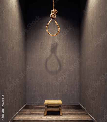 Suicidal rope hanging with small stool in dark room 3D Rendering Stock ...