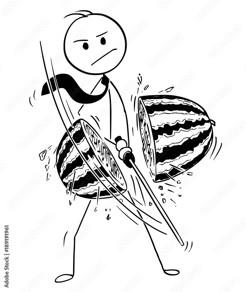 Cartoon stick man drawing conceptual illustration of samurai ...