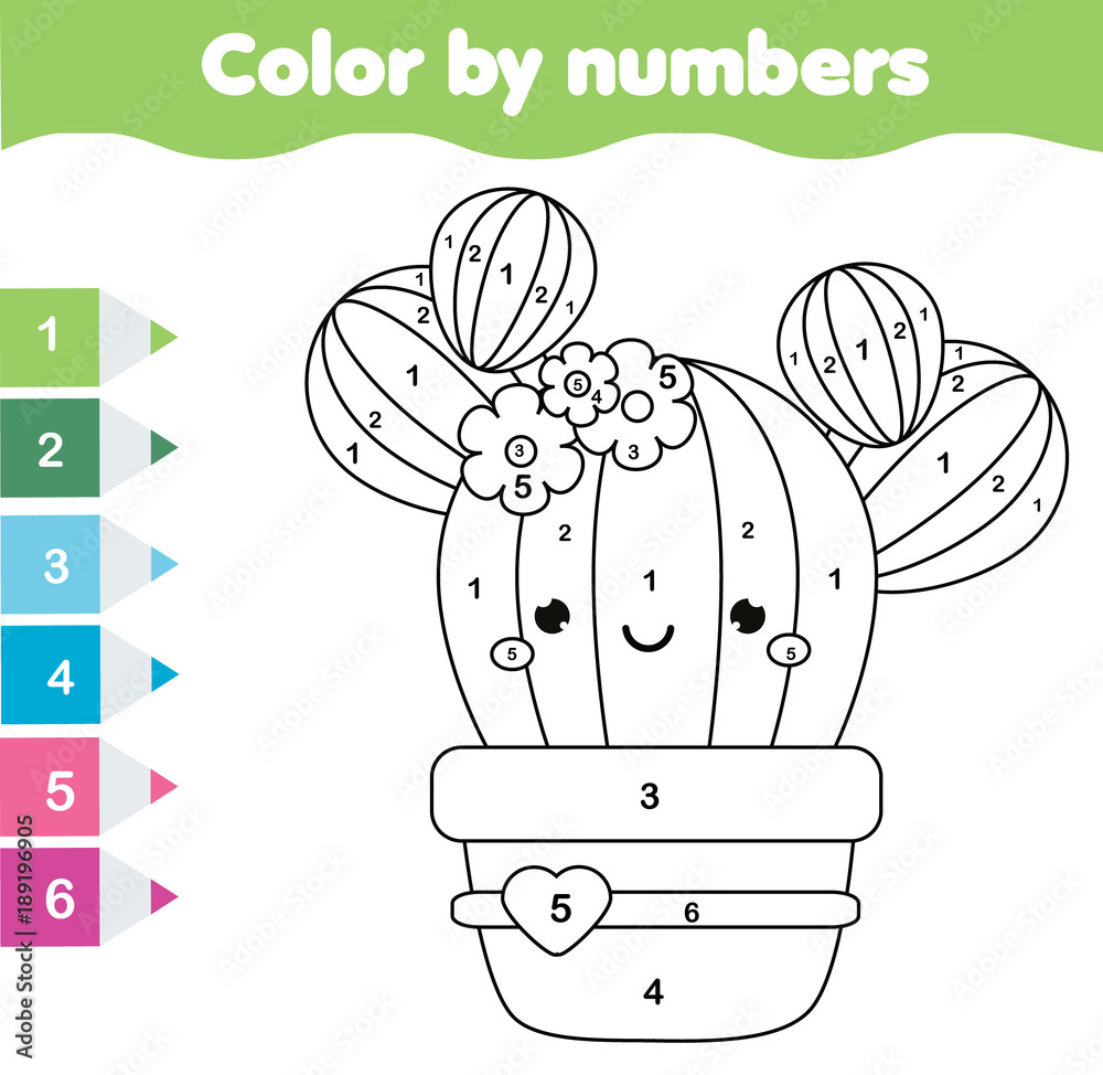 Children educational game. Coloring page with cute cactus. Color by ...