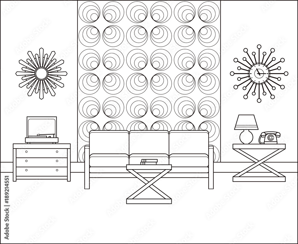Room in flat design. Linear retro living room interior 60s in line art ...