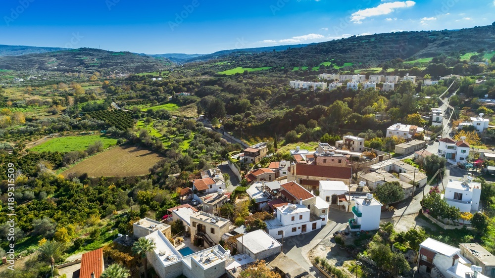 Aerial bird eye view of Goudi village in Polis Chrysochous valley ...