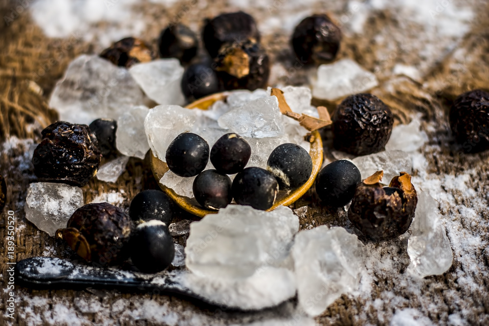Close up of alum, potassium aluminium sulfate and soap nut,Sapindus ...