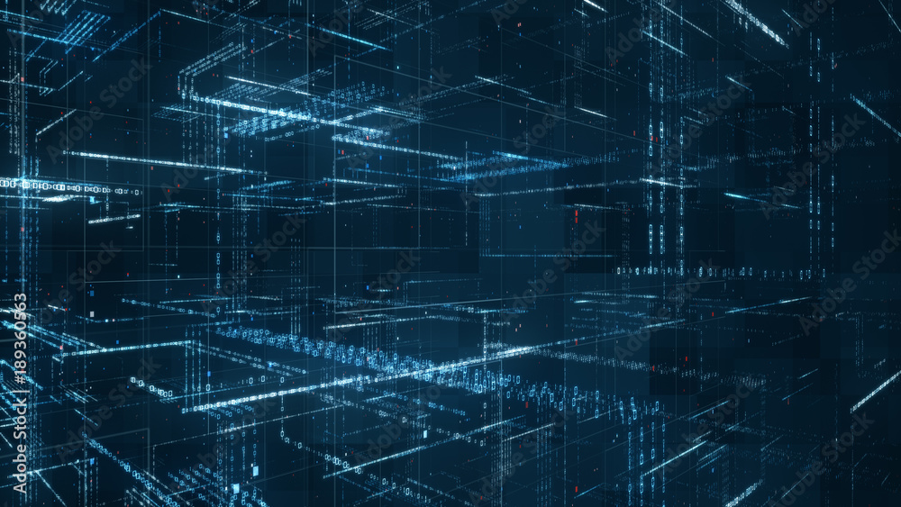 Digital binary code matrix background - 3D rendering of a scientific technology data binary code ...