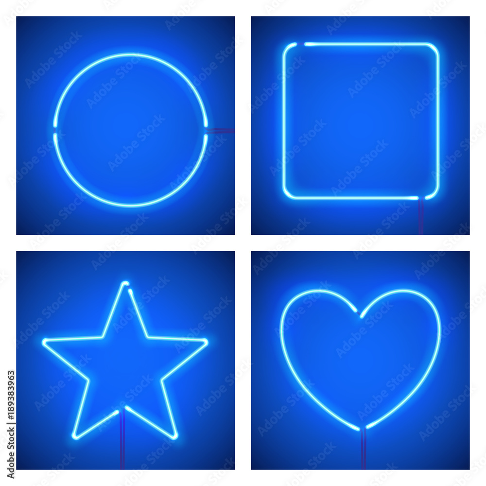 Different shape blue neon frames. Vector realistic neon star, square ...