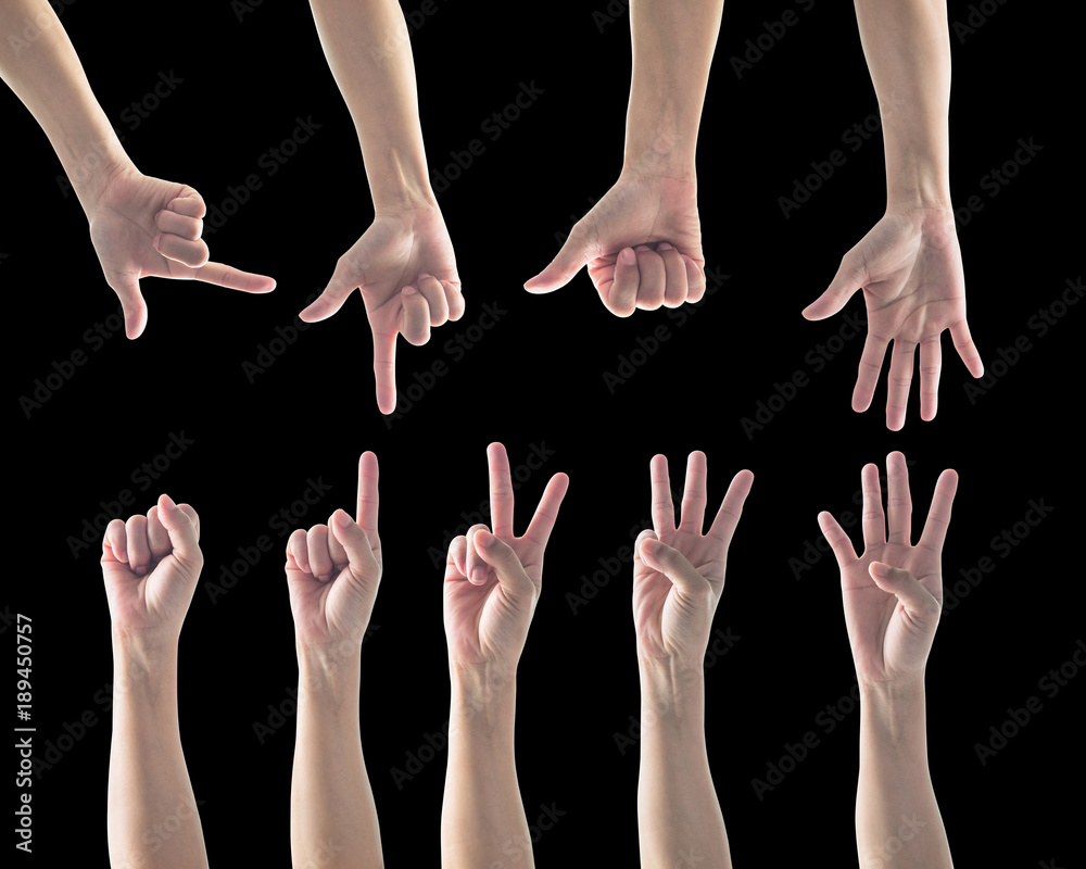 Woman's hand finger set template in many gesture postures with ...