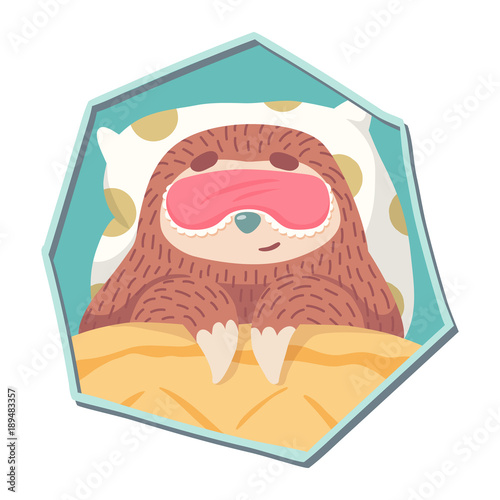 cute cartoon sloth in sleeping mask in bed. healthy sleep concept ...