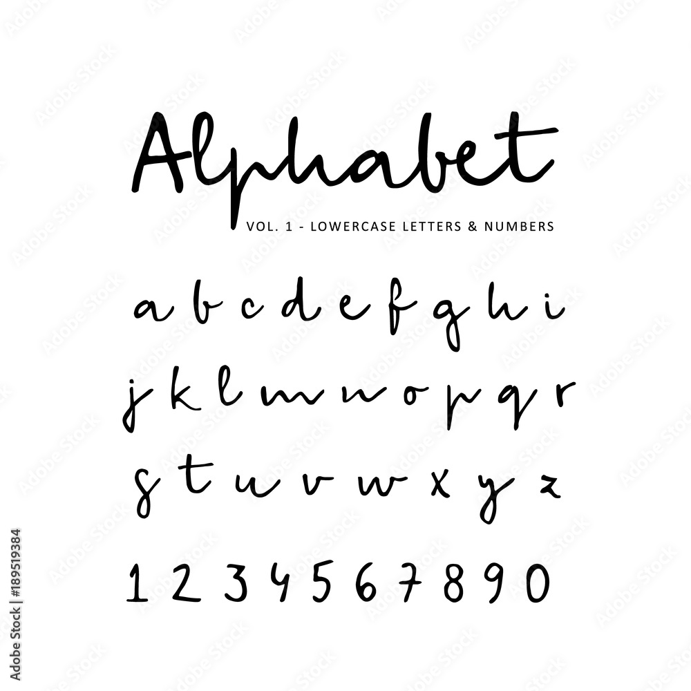 Hand drawn vector alphabet, font, isolated lower case letters and numbers written with marker or ...