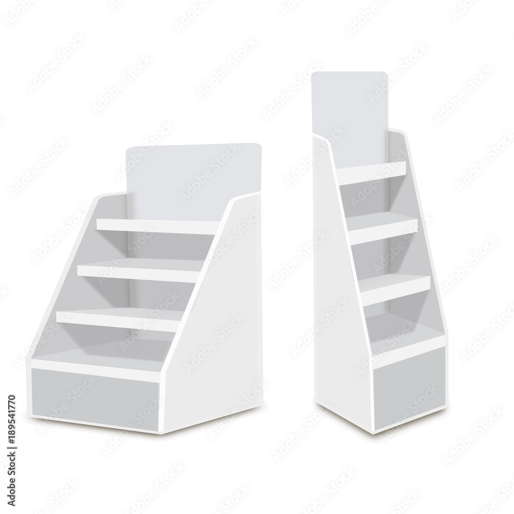 White Long Blank Empty Showcase Displays With Retail Shelves. 3D ...