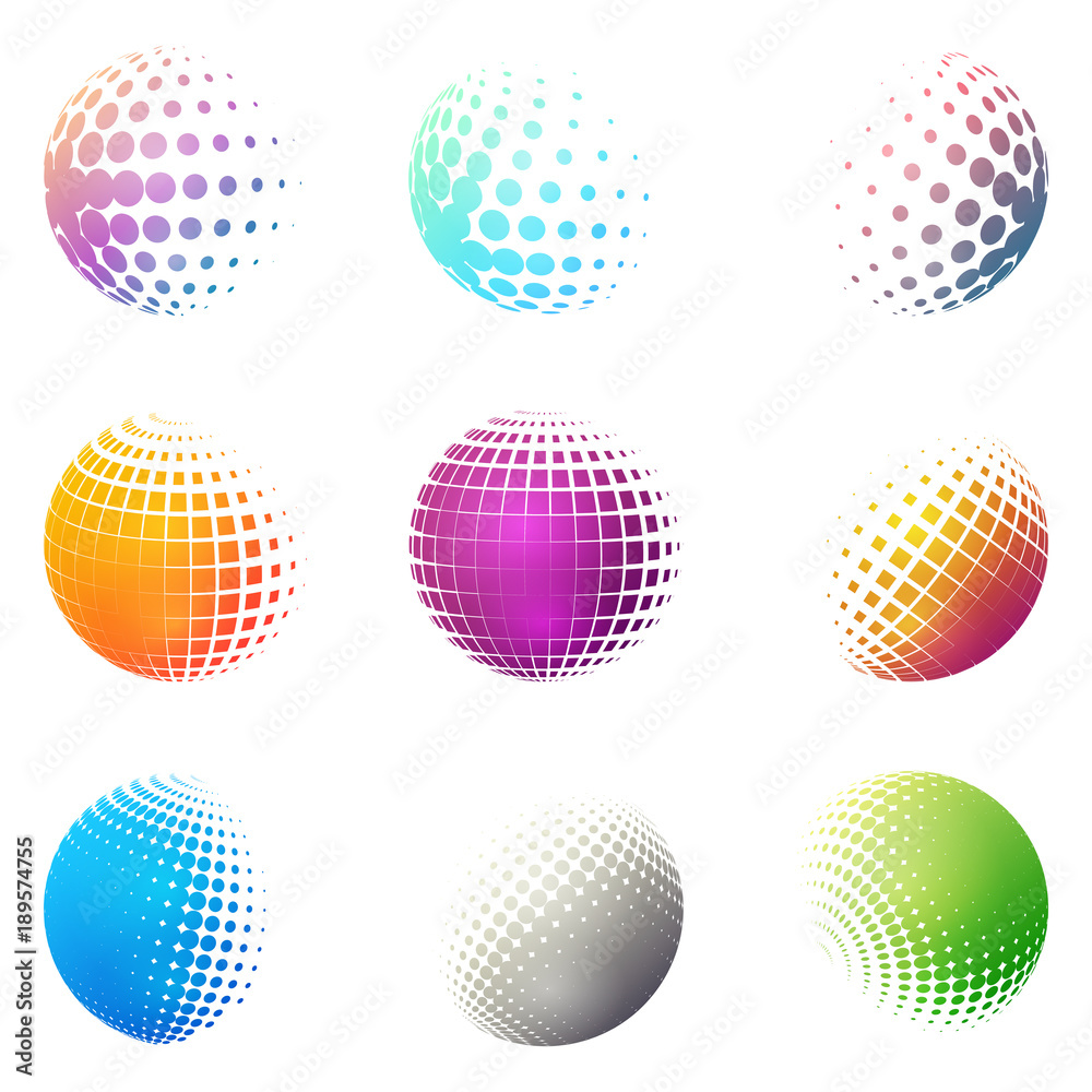Set of minimalistic shapes. Halftone bright color spheres isolated on ...