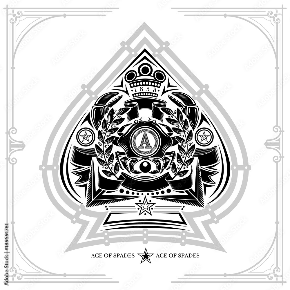 Ace of spades form with crab between laurel wreth and crossed harpoon ...