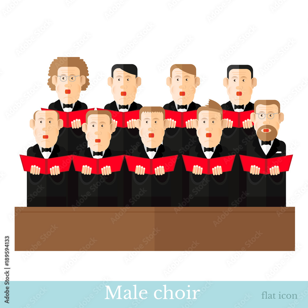 Flat style male choir in two raws with black suits and red cover notes ...